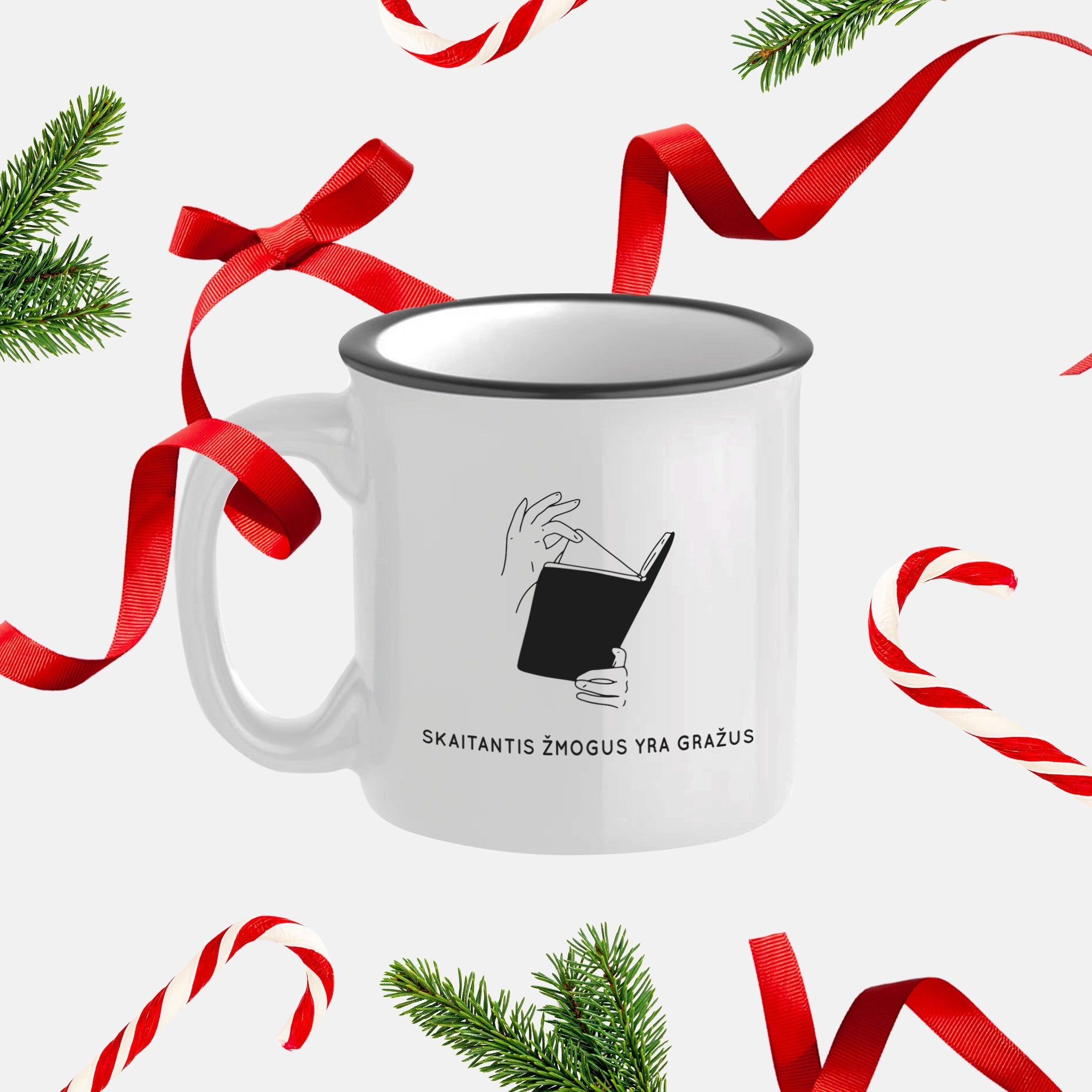 Keraminis puodelis „Skaitantis žmogus yra gražus“ – OBUOLYS